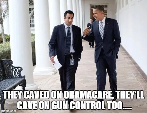 THEY CAVED ON OBAMACARE, THEY'LL CAVE ON GUN CONTROL TOO..... meme ...