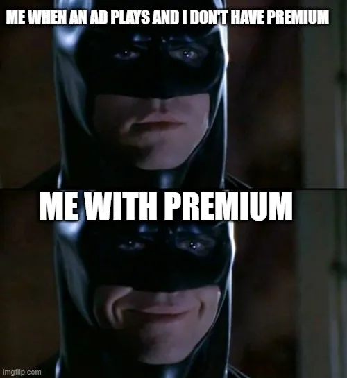 ME WHEN AN AD PLAYS AND I DON'T HAVE PREMIUM; ME WITH PREMIUM meme ...