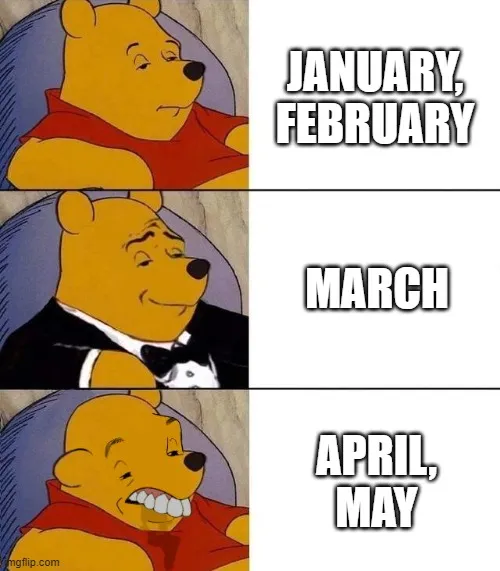 JANUARY, FEBRUARY; MARCH; APRIL, MAY meme - Piñata Farms - The best ...