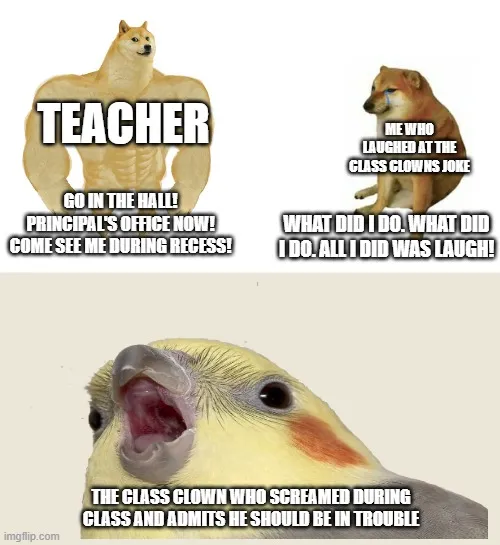 TEACHER; ME WHO LAUGHED AT THE CLASS CLOWNS JOKE; GO IN THE HALL ...