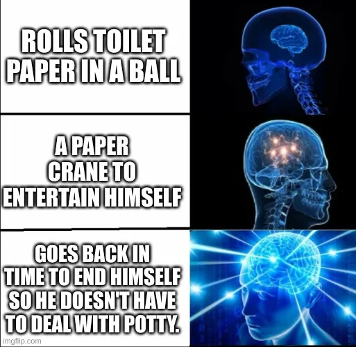 ROLLS TOILET PAPER IN A BALL; A PAPER CRANE TO ENTERTAIN HIMSELF; GOES ...