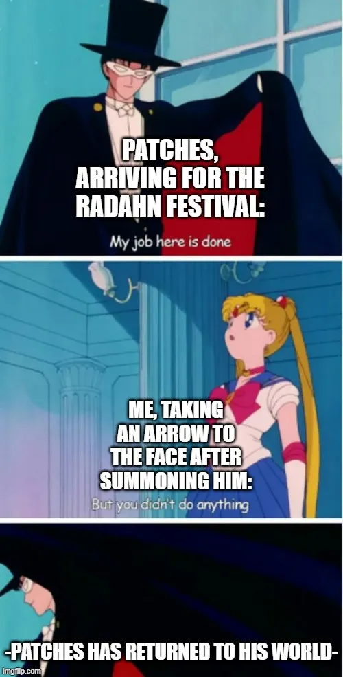 PATCHES, ARRIVING FOR THE RADAHN FESTIVAL:; ME, TAKING AN ARROW TO THE ...