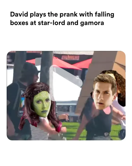David plays the prank with falling boxes at star-lord and gamora video ...